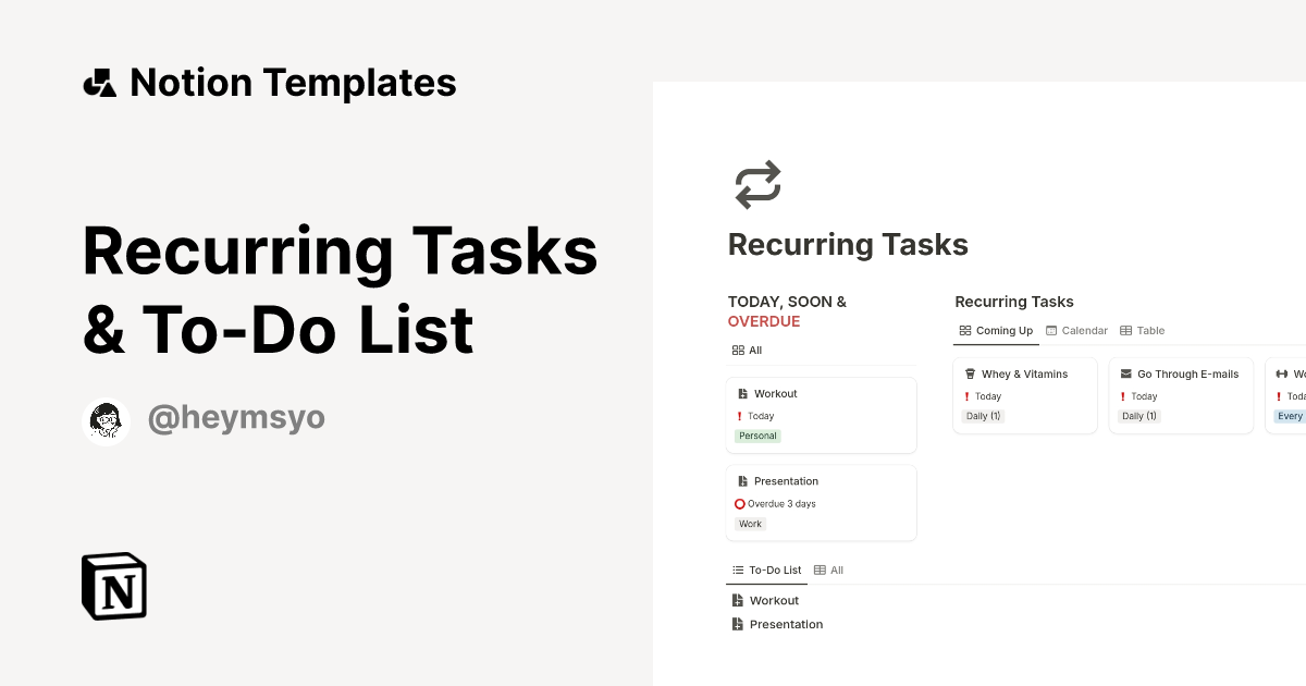 Recurring Tasks & To-Do List Template by MsYo | Notion Marketplace