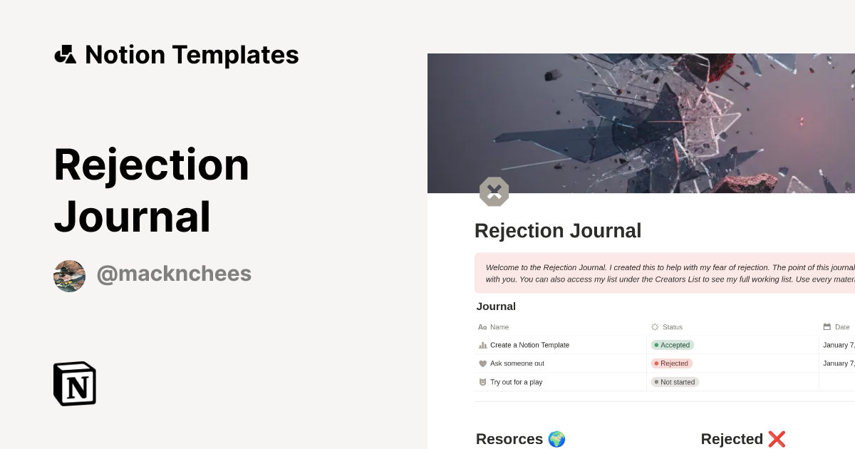 Rejection Journal Template by mackeroni n chees | Notion Marketplace