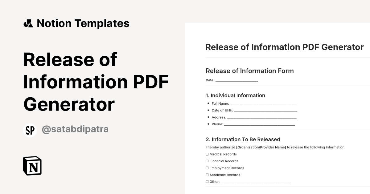 Release of Information PDF Generator Template | Notion Marketplace
