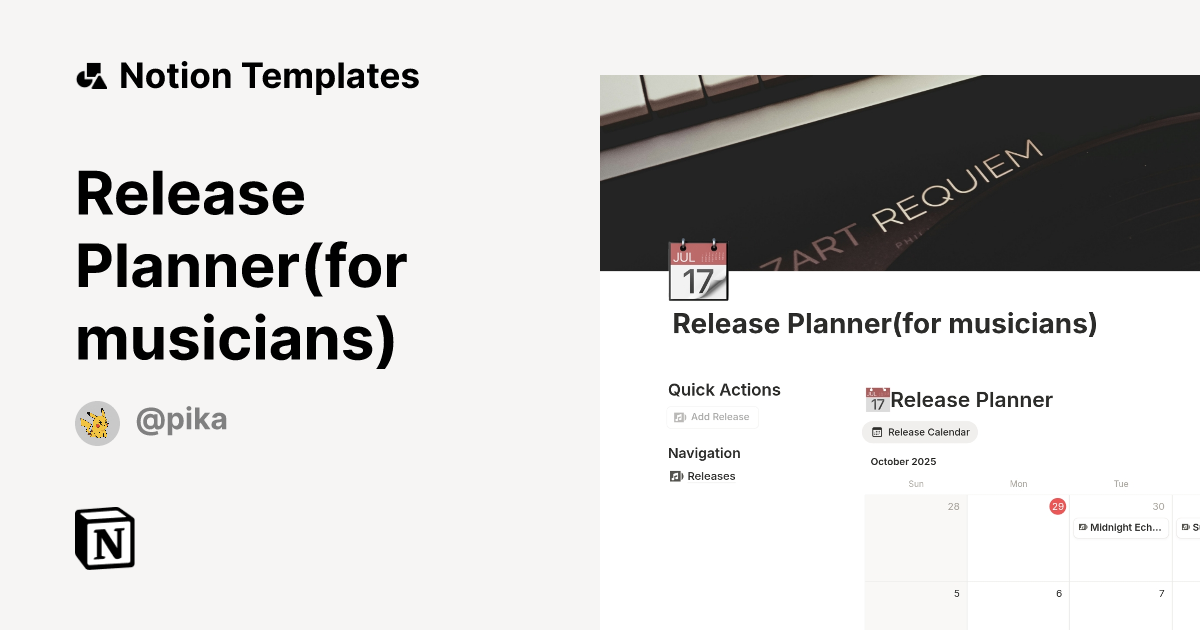 Release Planner(for musicians) Template by Pika | Notion Marketplace