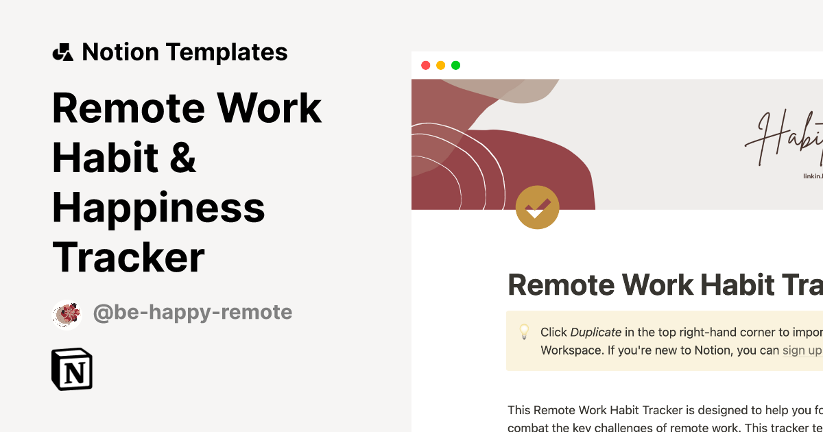 Remote Work Habit & Happiness Tracker Template | Notion Marketplace