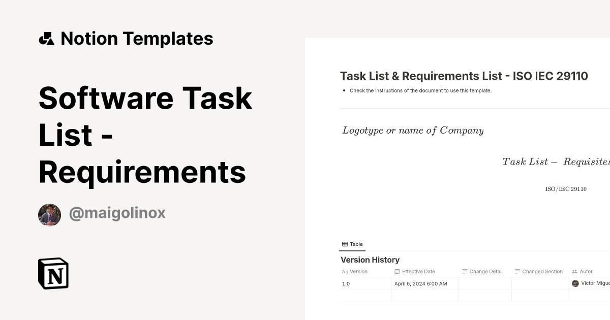 Software Task List - Requirements Template by Victor Terrón | Notion ...