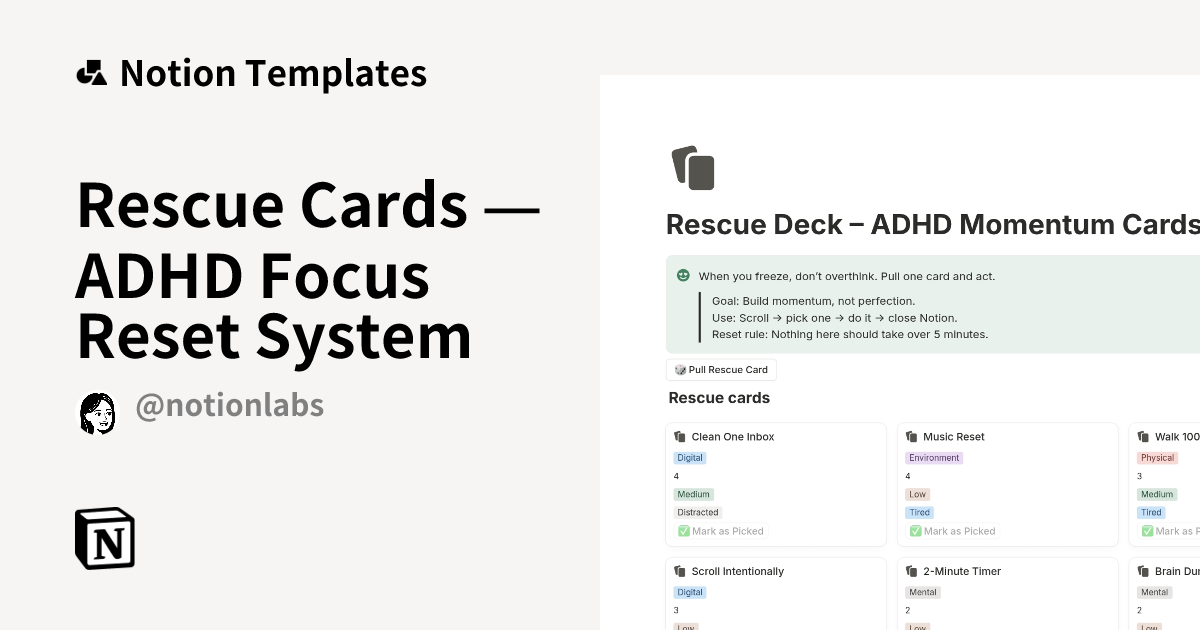 Rescue Cards — ADHD Focus Reset System Template by Smart Notion ...