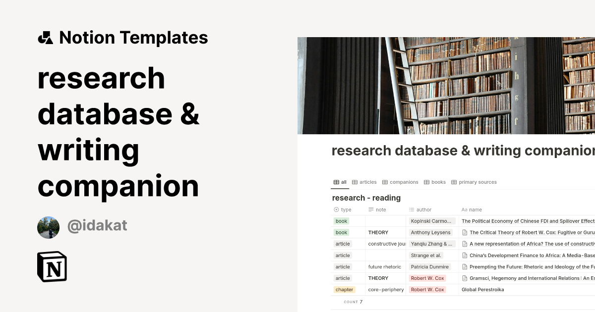 research database & writing companion Template by Ida Kat | Notion ...