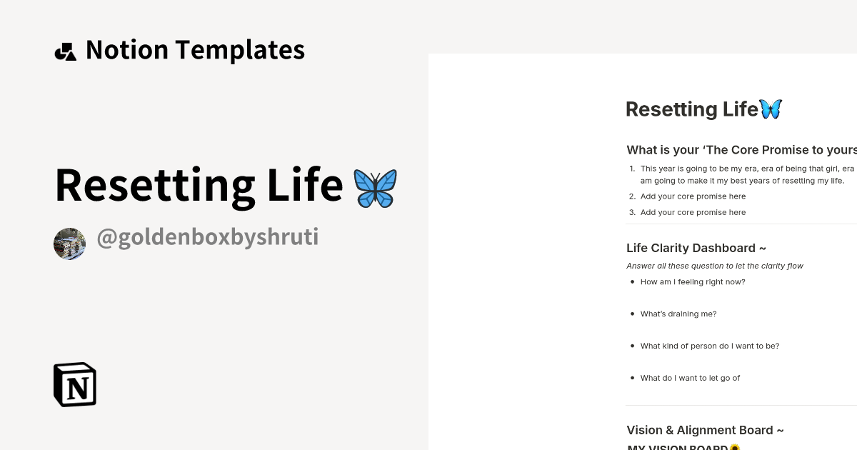 Resetting Life 🦋 Template by Golden Box by Shruti | Notion Marketplace