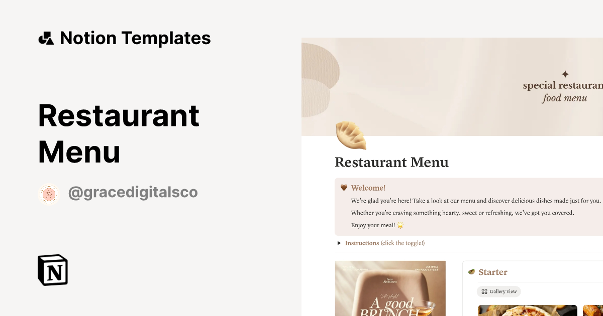Restaurant Menu Template by Grace Digitals Co. | Notion Marketplace
