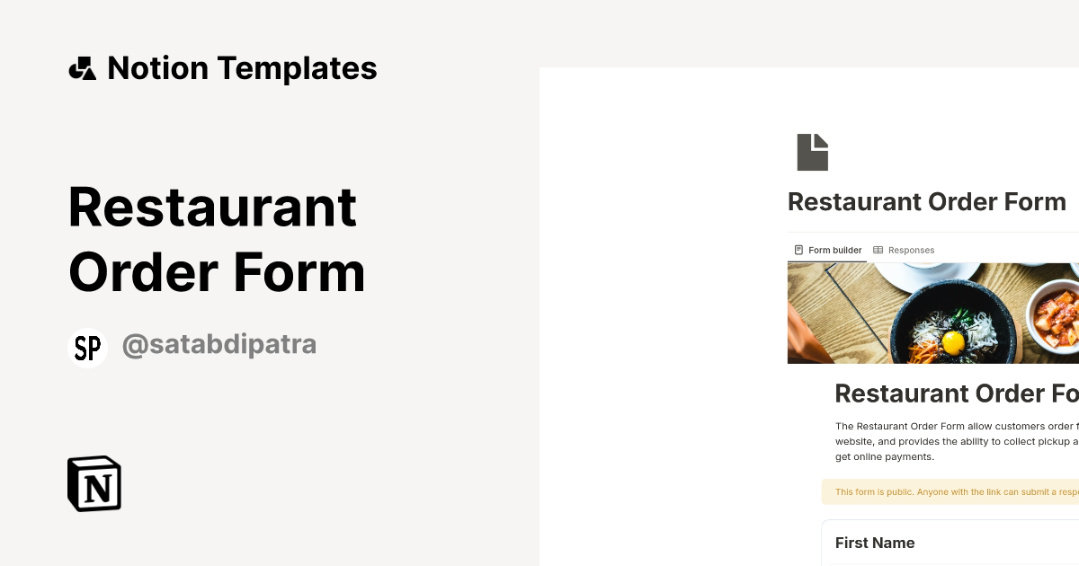 Restaurant Order Form Template by Satabdi Patra | Notion Marketplace