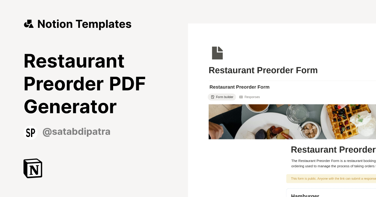 Restaurant Preorder PDF Generator Template by Satabdi Patra | Notion ...