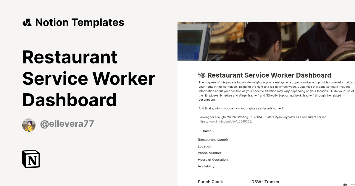 Restaurant Service Worker Dashboard Template by Elle | Notion Marketplace
