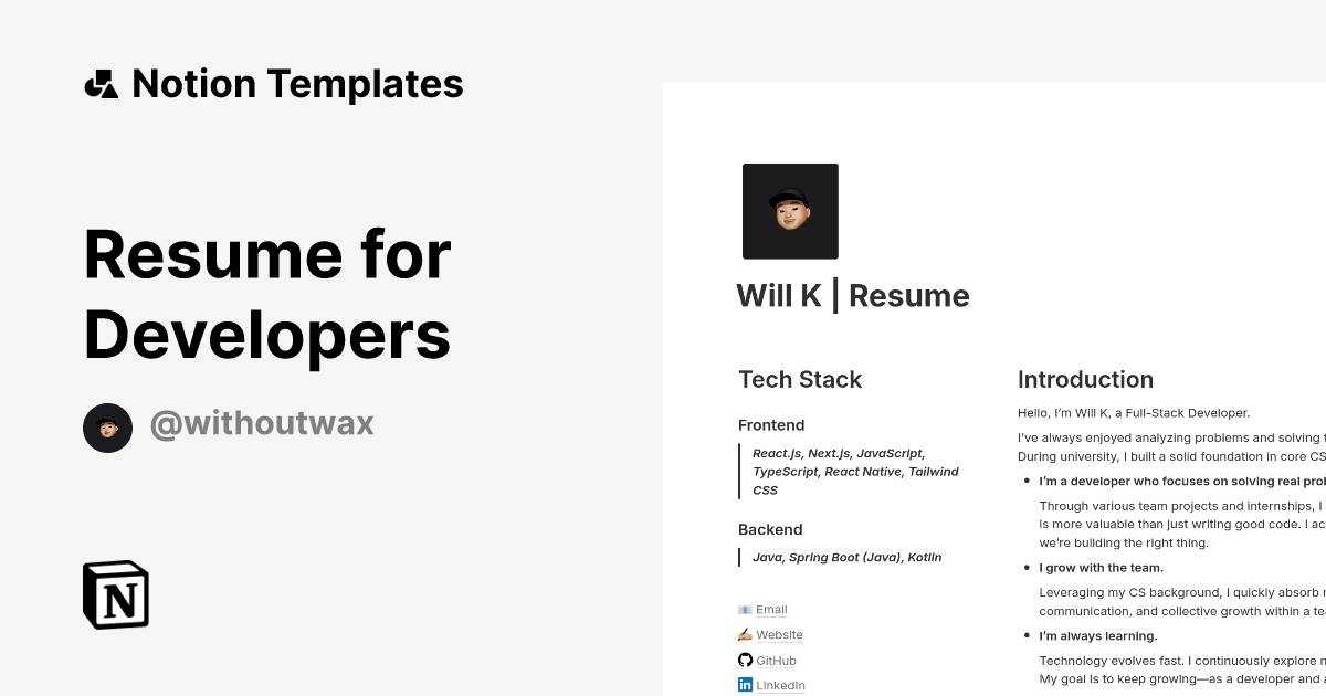 Resume for Developers Template by Will Kim | Notion Marketplace