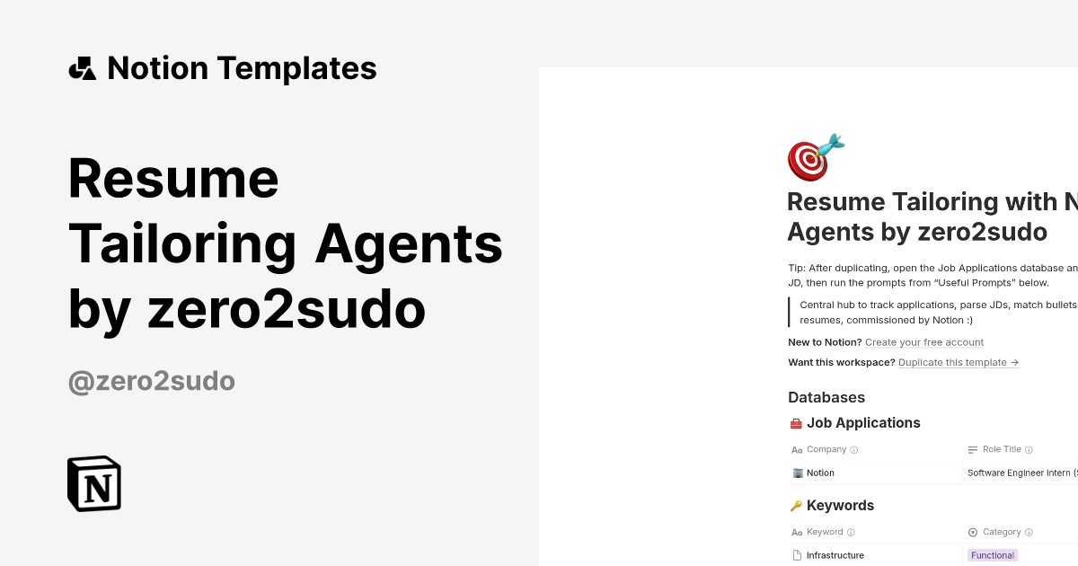 Resume Tailoring Agents by zero2sudo Template | Notion Marketplace