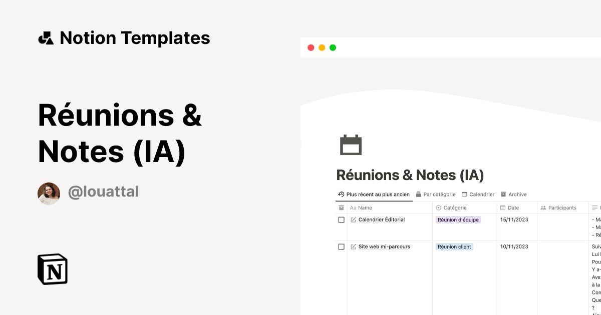 Réunions & Notes (IA) Template by Lou Attal Studio | Notion Marketplace