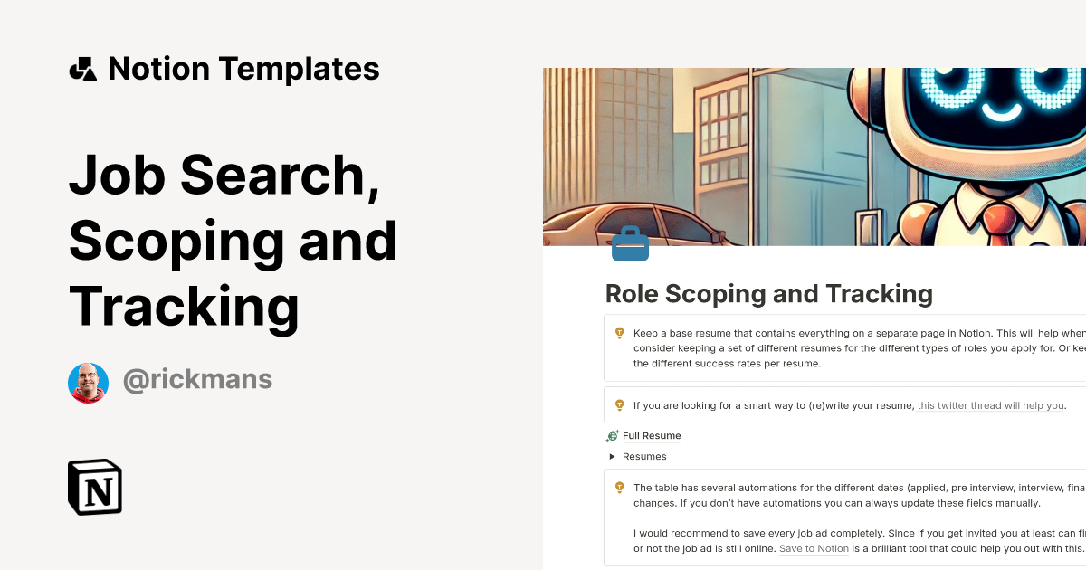Job Search, Scoping and Tracking Template by Rick Mans | Notion Marketplace