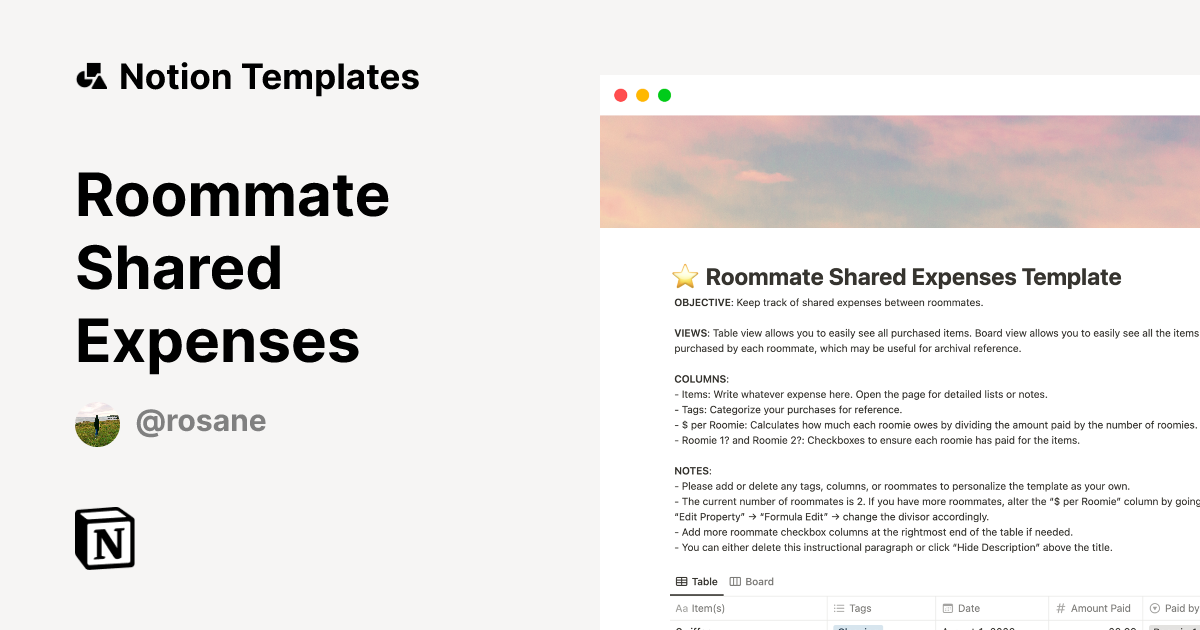 Roommate Shared Expenses Template by Rose | Notion Marketplace