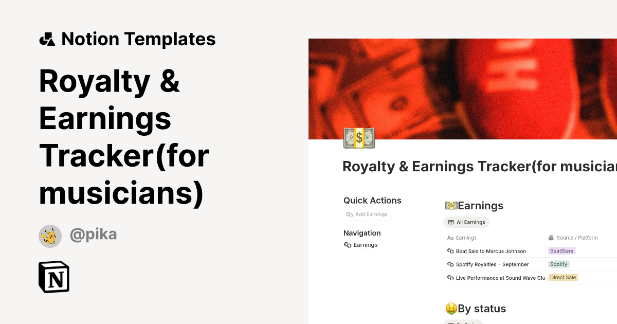 Royalty & Earnings Tracker(for musicians) Template by Pika | Notion ...