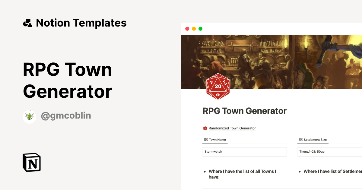 RPG Town Generator Template by GM Coblin | Notion Marketplace