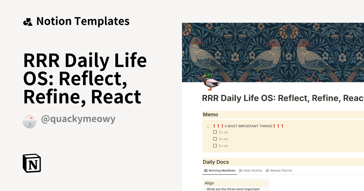 RRR Daily Life OS: Reflect, Refine, React Template by Quacky Meowy | Notion Marketplace
