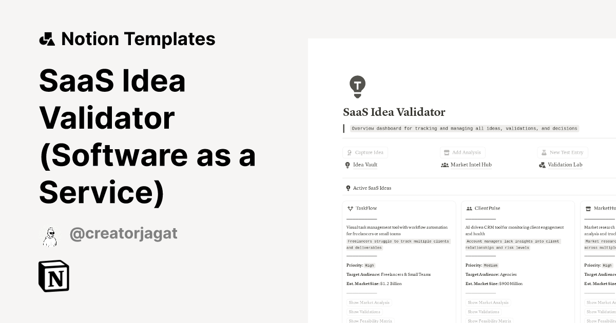 SaaS Idea Validator (Software as a Service) Template | Notion Marketplace