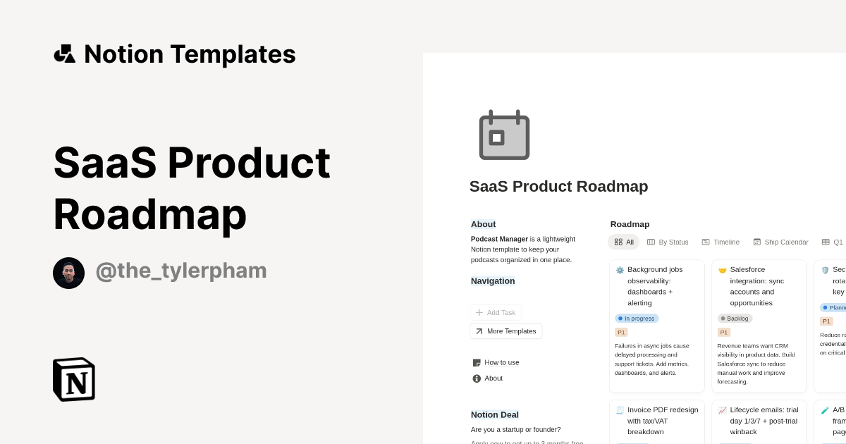 SaaS Product Roadmap Template by Tyler Pham | Notion Marketplace