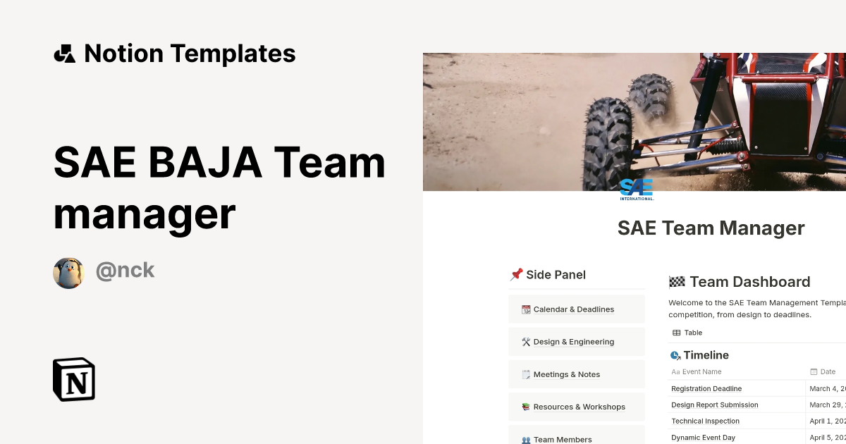 SAE BAJA Team manager Template | Notion Marketplace