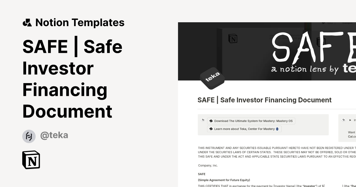 SAFE | Safe Investor Financing Document Template by Teka | Notion ...