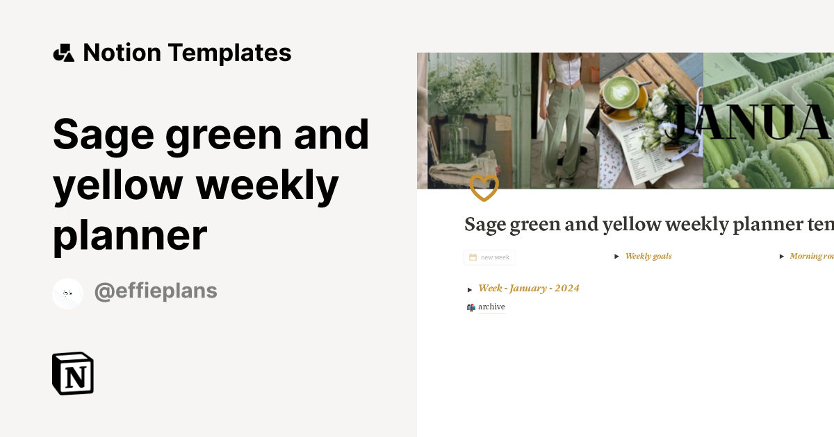 Sage green and yellow weekly planner Template by Effieplans | Notion ...