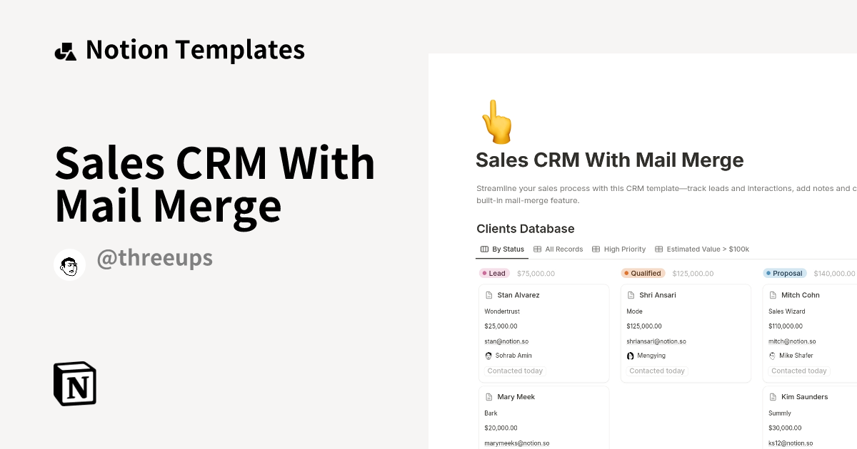 Sales CRM With Mail Merge Template by threeups | Notion Marketplace