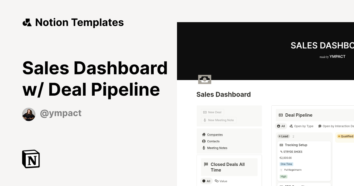 Sales Dashboard w/ Deal Pipeline Template by Yvi von YMPACT | Notion Marketplace
