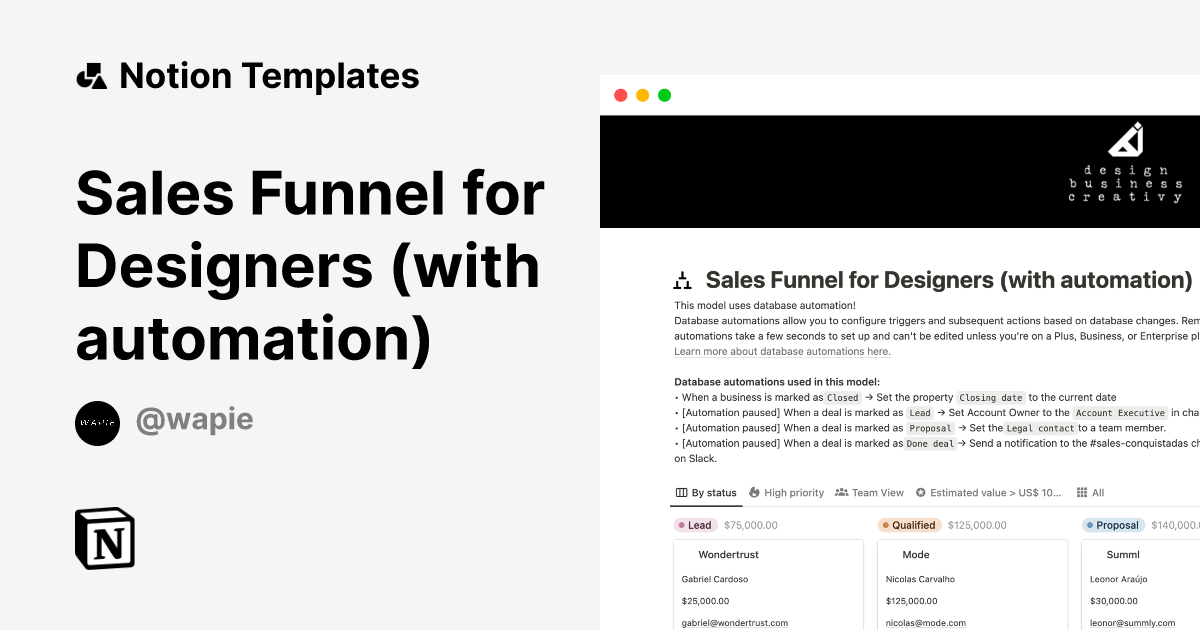 Sales Funnel for Designers (with automation) Template by Studio Wapie | Notion Marketplace