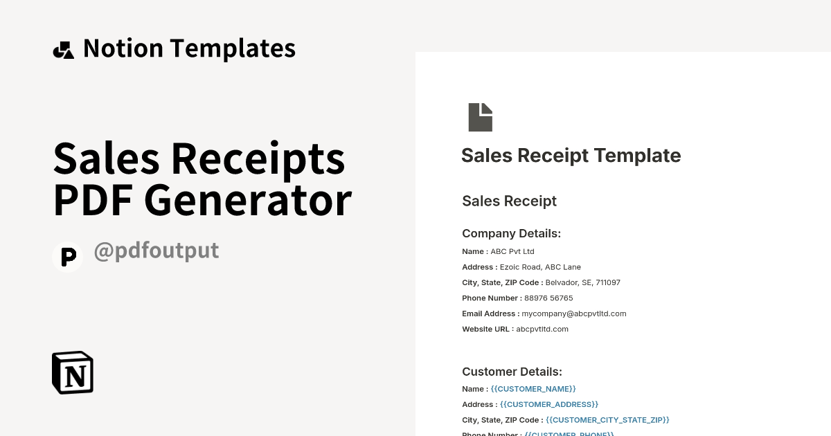 Sales Receipts PDF Generator Template by PDFOutput | Notion Marketplace