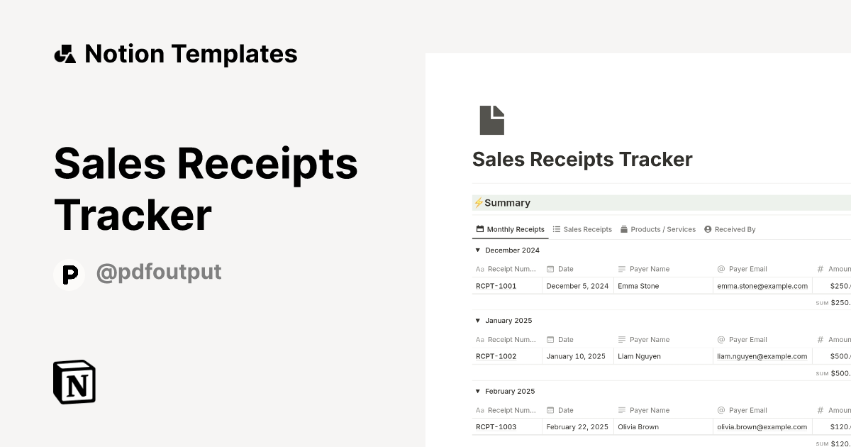 Sales Receipts Tracker Template by PDFOutput | Notion Marketplace