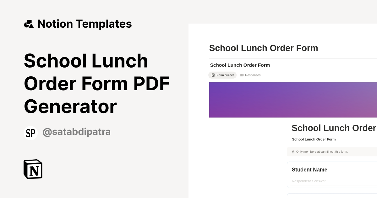 School Lunch Order Form PDF Generator Template | Notion Marketplace