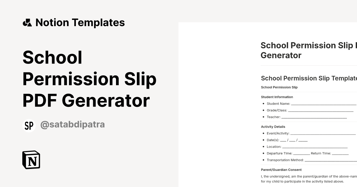 School Permission Slip PDF Generator Template | Notion Marketplace