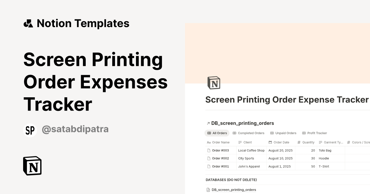 Screen Printing Order Expenses Tracker Template | Notion Marketplace