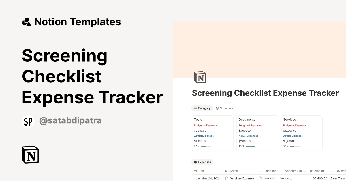 Screening Checklist Expense Tracker Template | Notion Marketplace