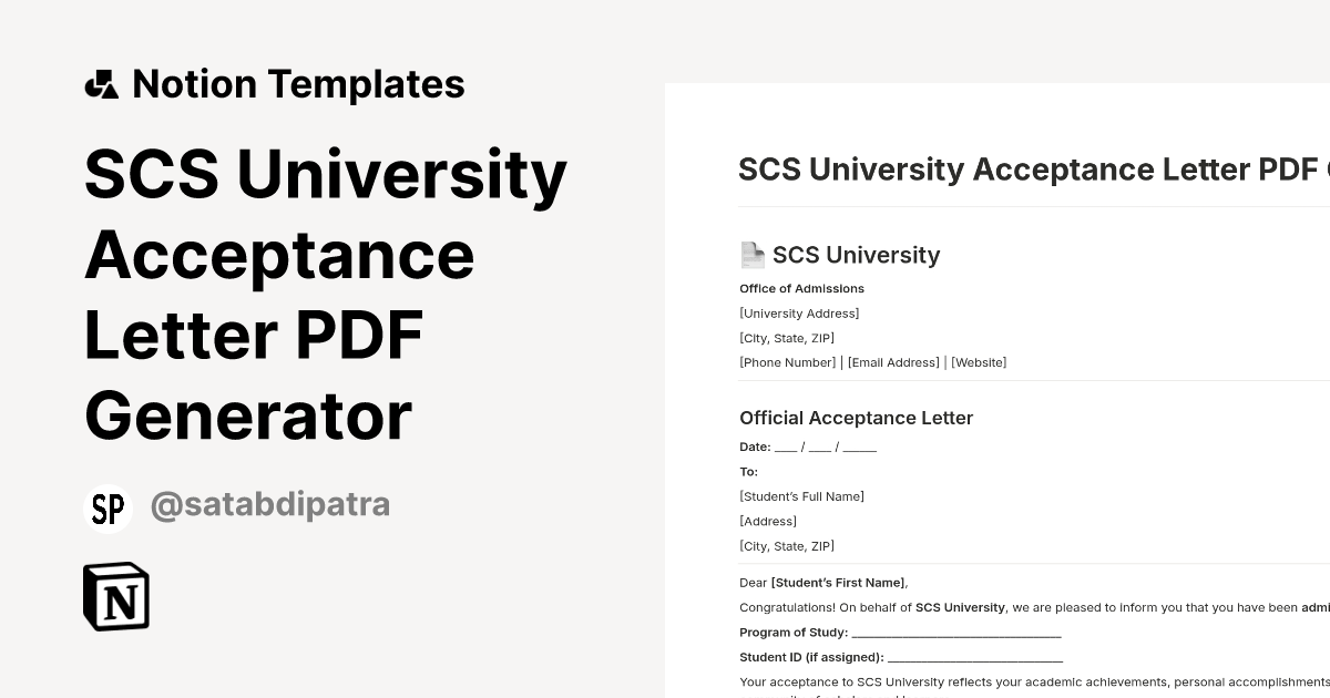 SCS University Acceptance Letter PDF Generator Template | Notion ...