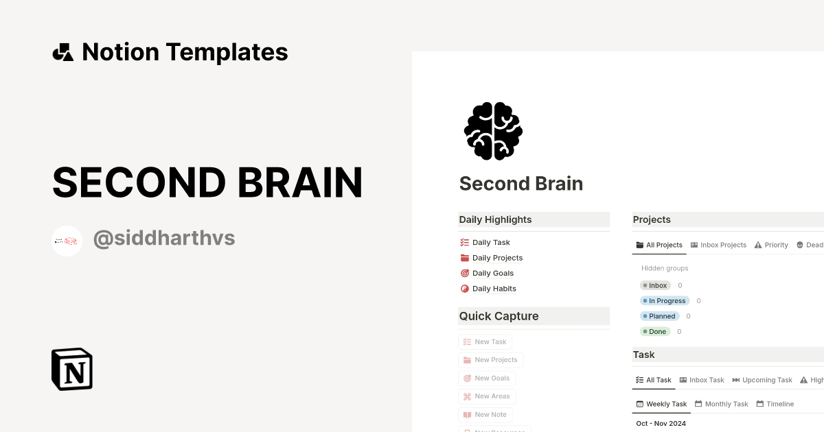SECOND BRAIN Template by SIDDDHARTH | Notion Marketplace
