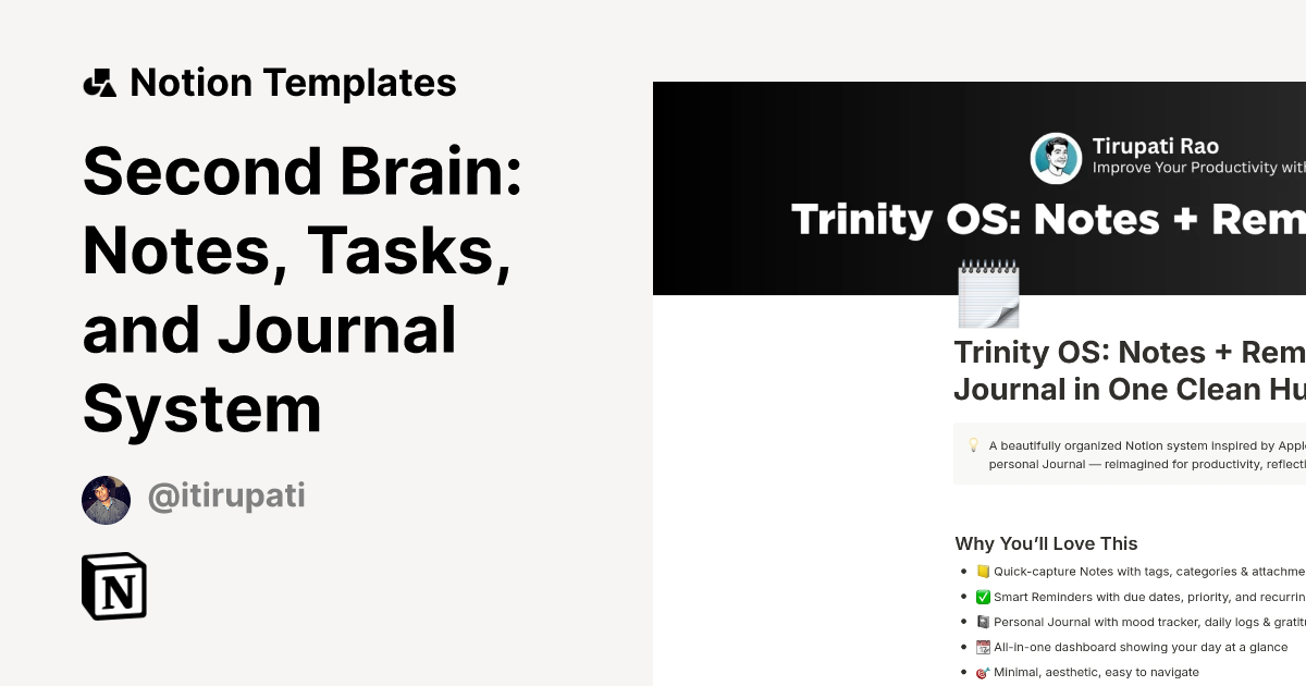 Second Brain: Notes, Tasks, and Journal System Template by Tirupati Rao ...