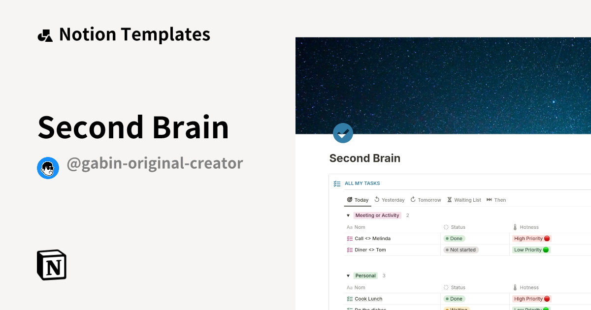 Second Brain Template by Gabin Original Creator | Notion Marketplace