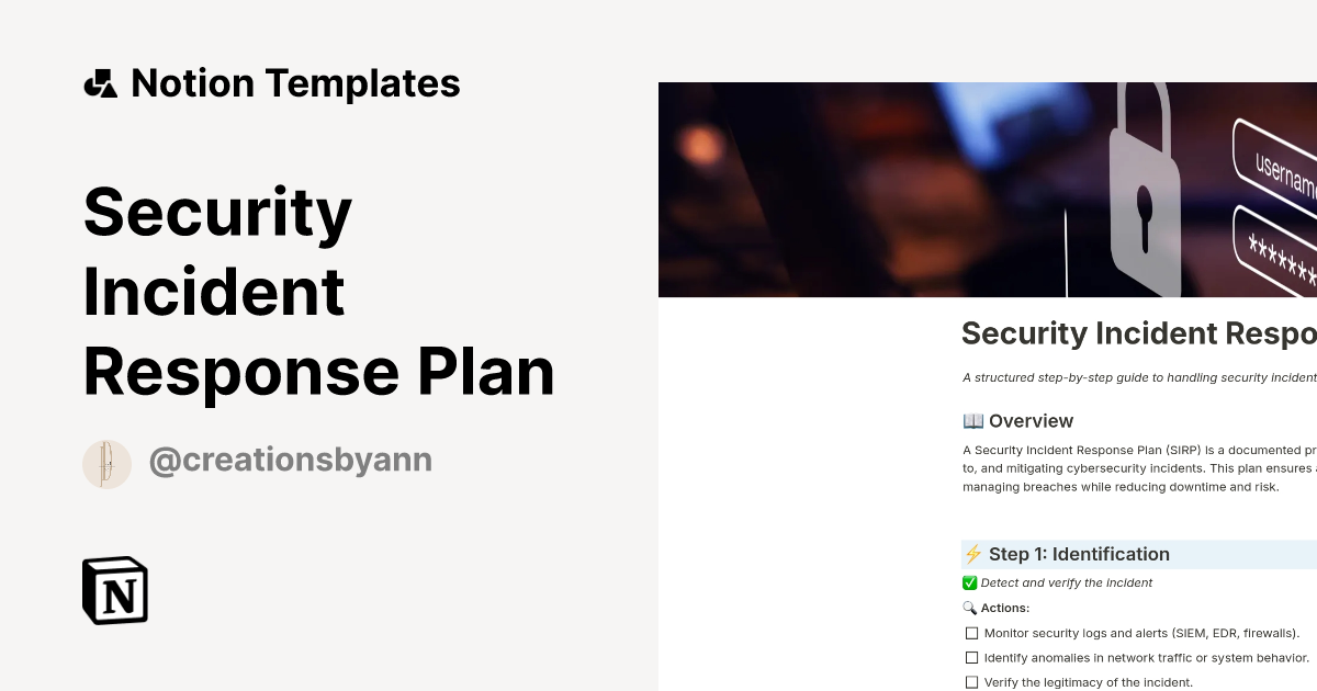 Security Incident Response Plan Template by CreationsByAnn | Notion Marketplace