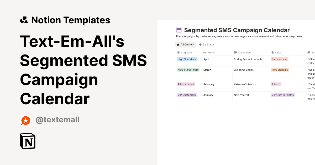 Text-Em-All's Segmented SMS Campaign Calendar Template | Notion Marketplace