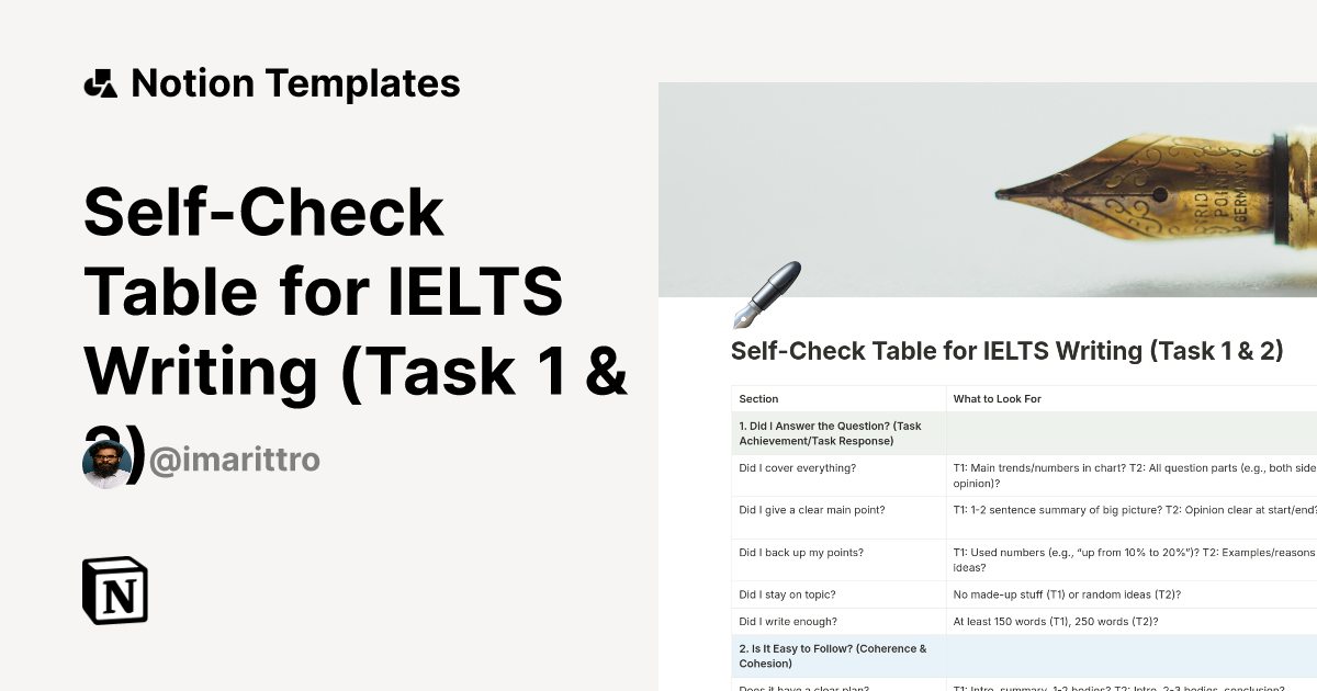 Self-Check Table for IELTS Writing (Task 1 & 2) Template | Notion ...