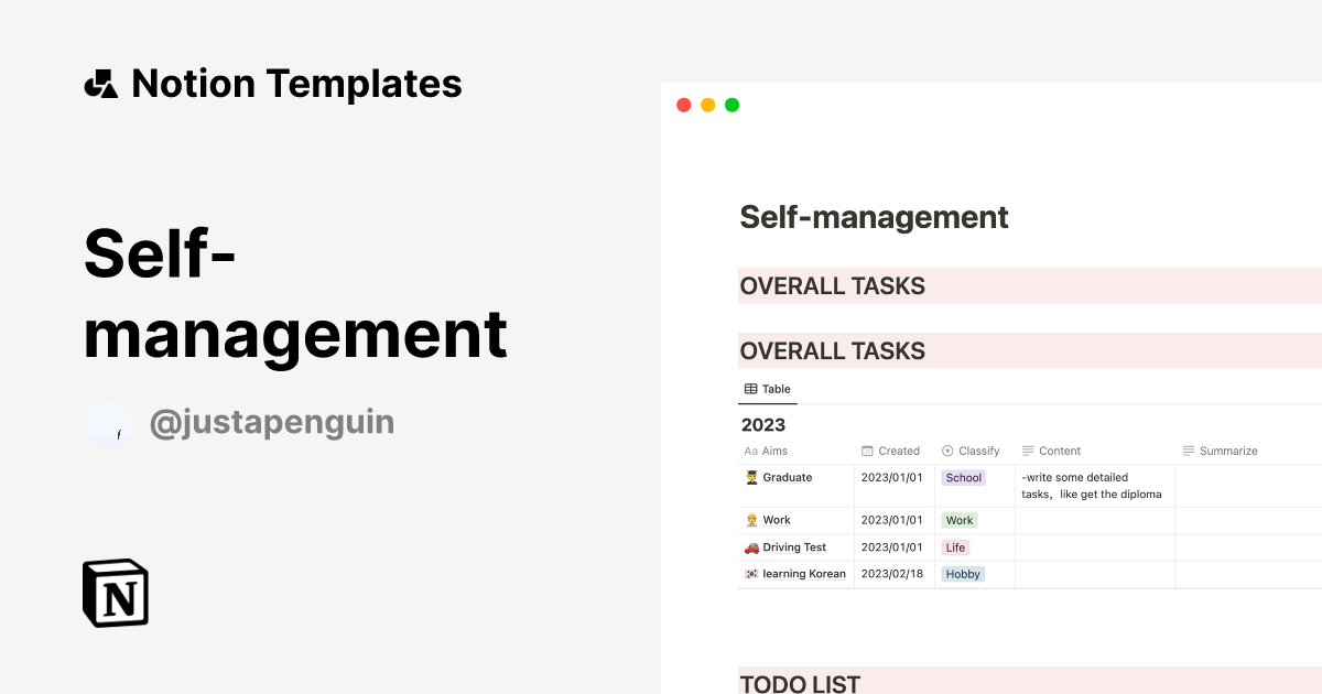 Self-management Template by penguin | Notion Marketplace