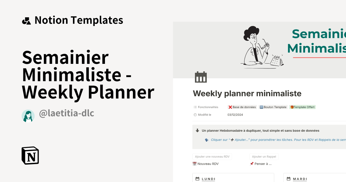 Semainier Minimaliste - Weekly Planner Template | Notion Marketplace