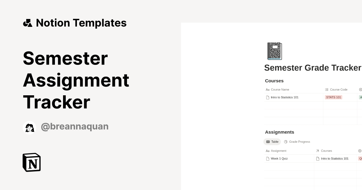 Semester Assignment Tracker Template by Breanna Quan | Notion Marketplace