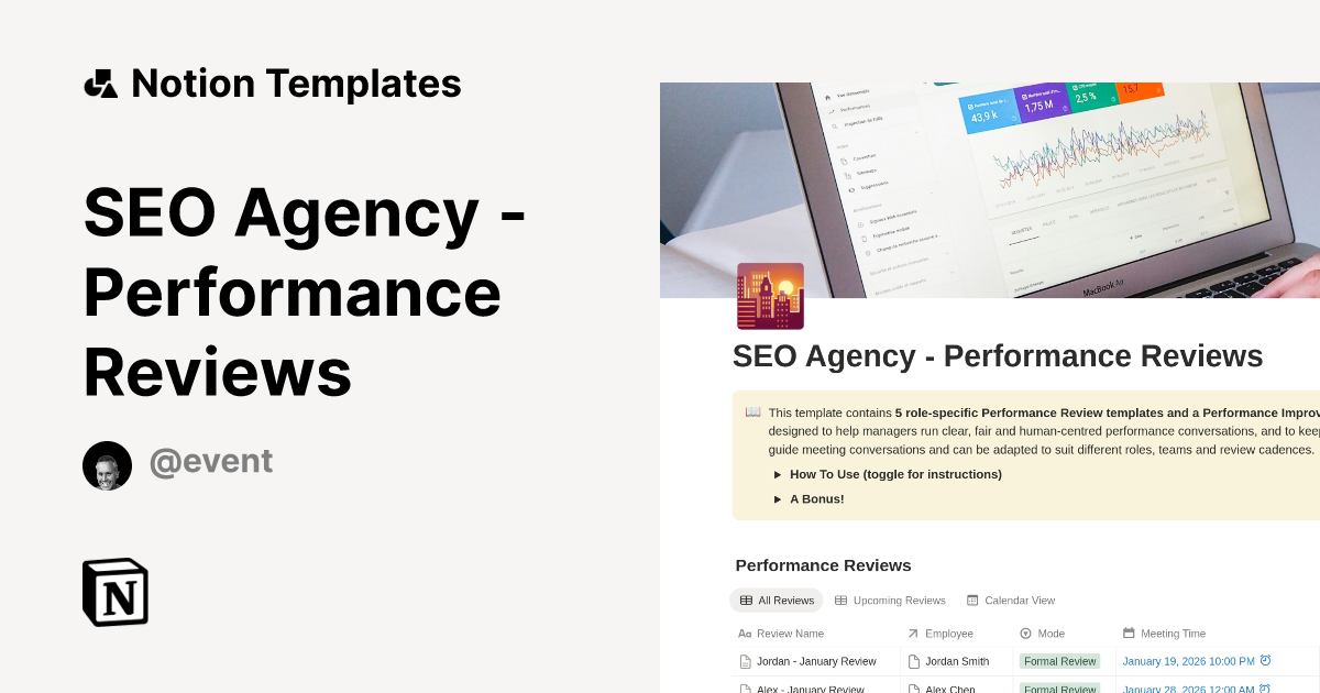 SEO Agency - Performance Reviews Template by Event | Notion Marketplace