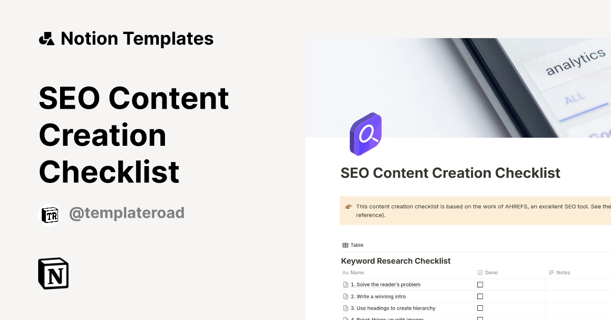 SEO Content Creation Checklist Template | Notion Marketplace