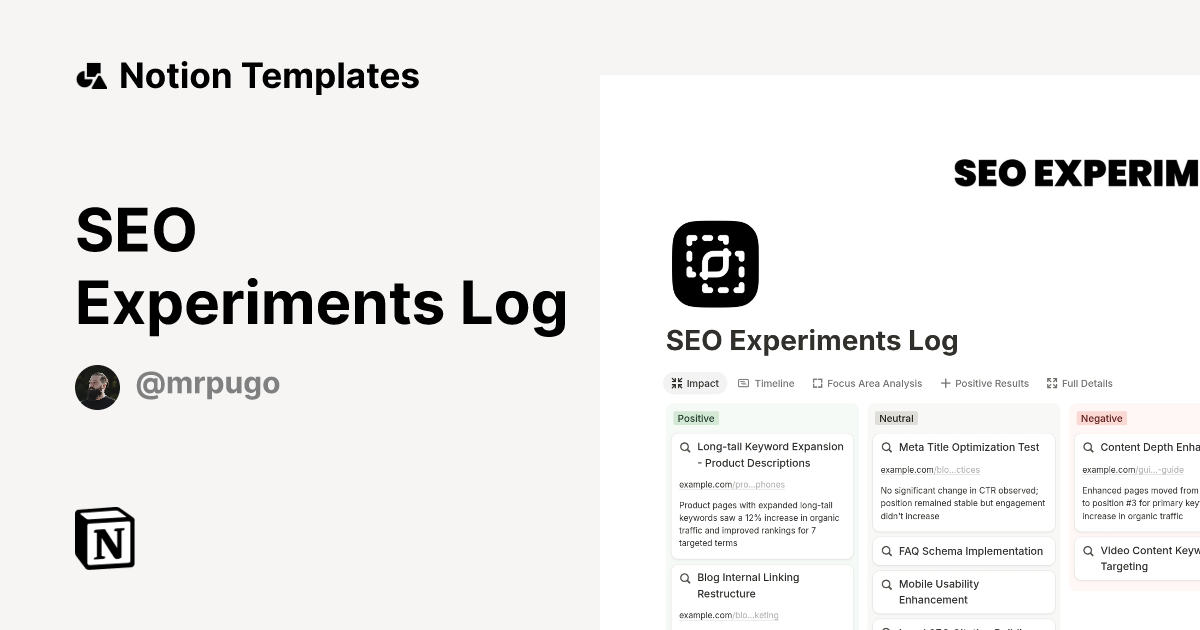 SEO Experiments Log Template | Notion Marketplace