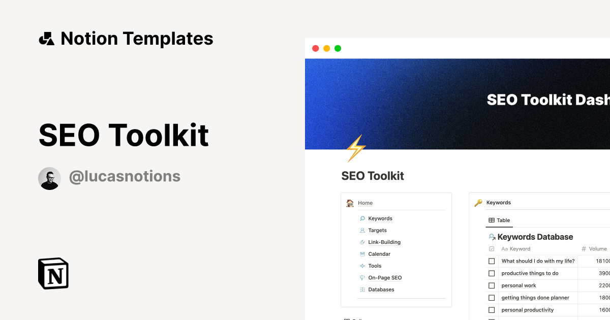 SEO Toolkit Template by Lucas's notions | Notion Marketplace