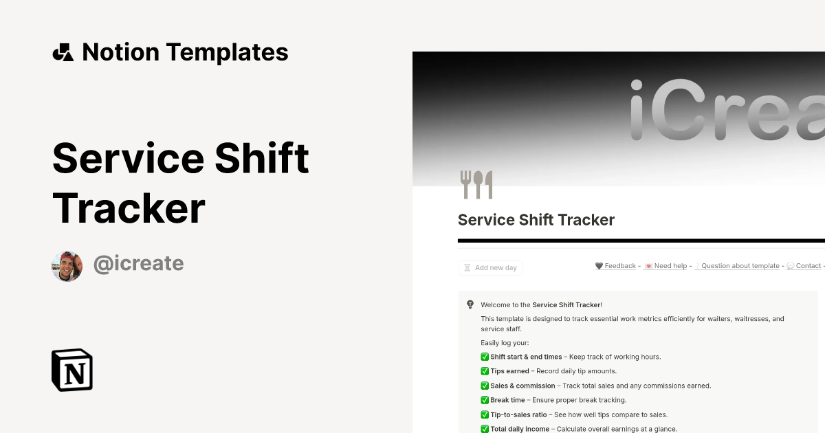 Service Shift Tracker Template by Creator | Notion Marketplace